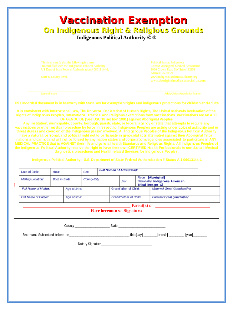 NAAIP Tribal Vaccination Exemption PDF Doc Template | pdfFiller
