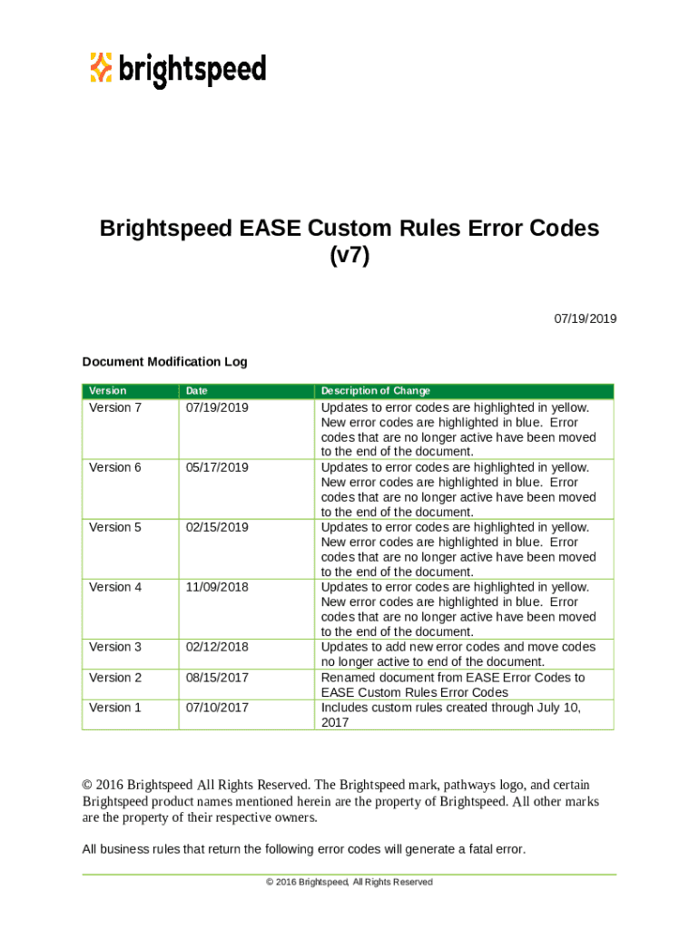 Brightspeed EASE Custom Rules Error Codes (v7) Doc Template | pdfFiller