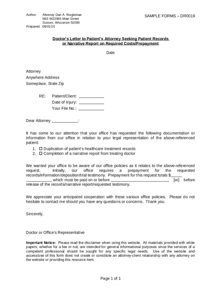 Doctor's Letter to Patient's Attorney Seeking Deposition or ... Doc ...