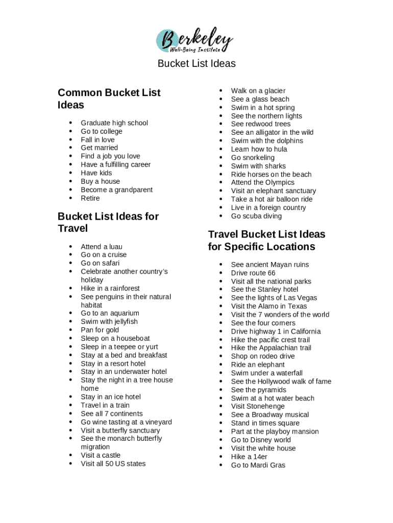 Common Bucket List Ideas Doc Template | pdfFiller
