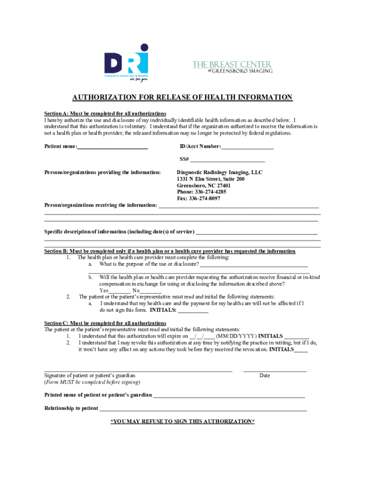 Fillable Online AUTHORIZATION FOR RELEASE OF HEALTH INFORMATION for ...