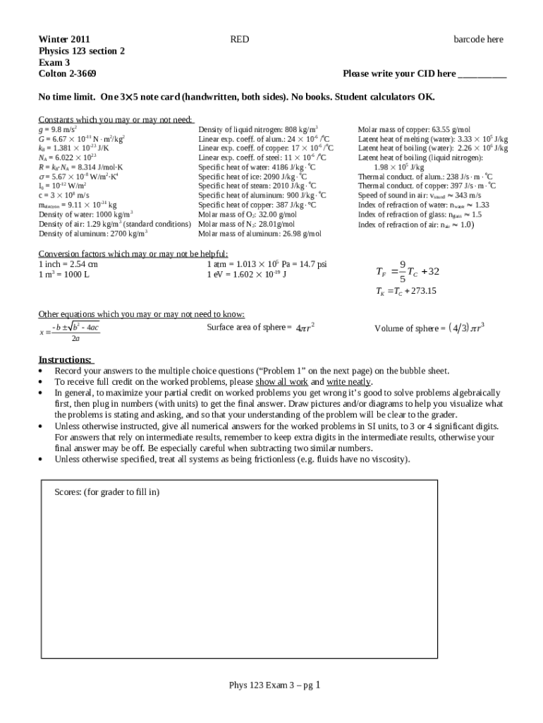 Phys 123 Section 2 Winter 2011 Final Exam Solus by Dr ... - physics byu Doc Template | pdfFiller