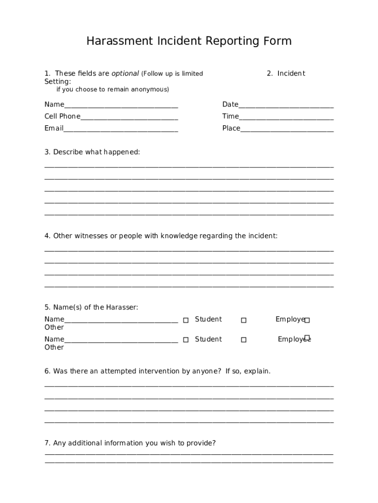 Harassment Incident Reporting Doc Template | pdfFiller