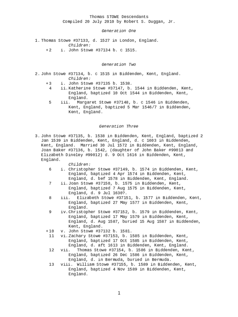 Thomas STOWE Descendants Doc Template | pdfFiller