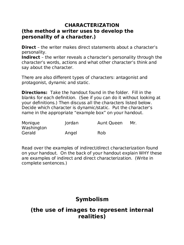 Direct vs Indirect Characterization: How to Show and Tell Doc Template | pdfFiller