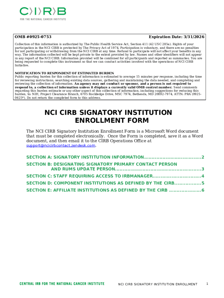 nci cirb signatory institution enrollment Doc Template | pdfFiller
