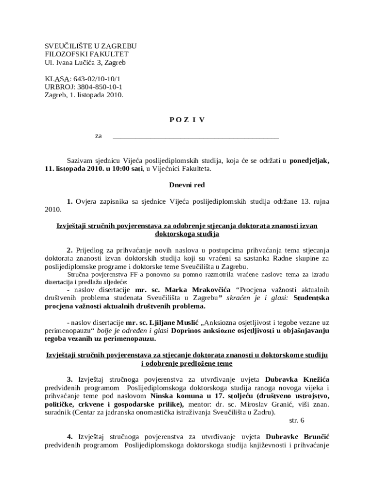 Sveuilite u Zagrebu, Filozofski fakultet, International - UniZG Doc Template | pdfFiller
