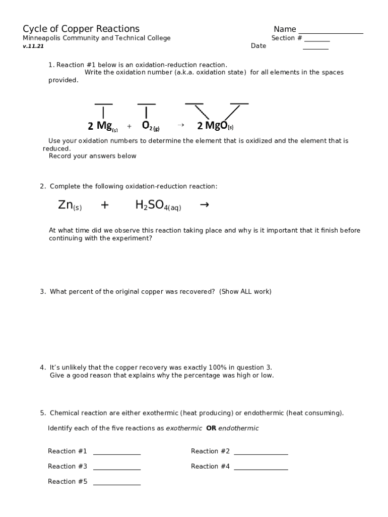 The Copper Cycle Experiment - A Series of Reactions Doc Template ...