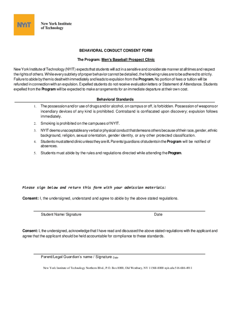 Fillable Online BEHAVIORAL CONDUCT CONSENT FORM The Program Fax Email ...
