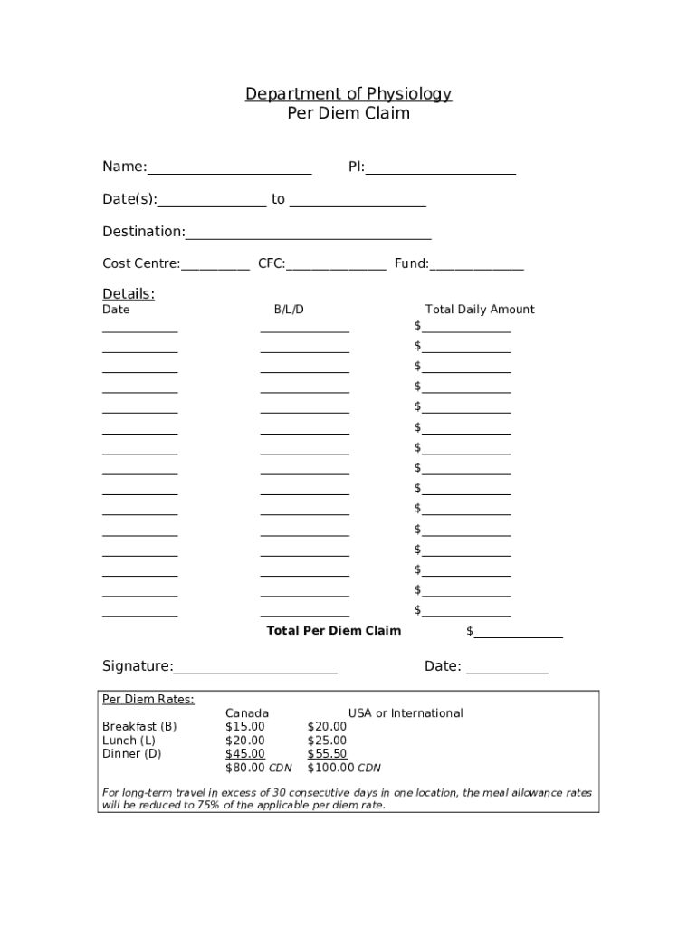 Per Diem Claim (doc) Doc Template | pdfFiller