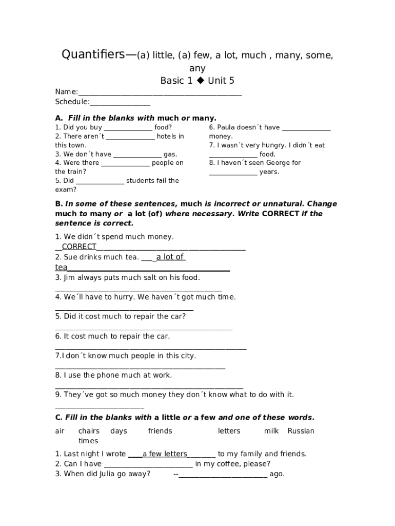 QUANTIFIERS QU 1 Fill in: much, many, lots of, a ... Doc Template ...