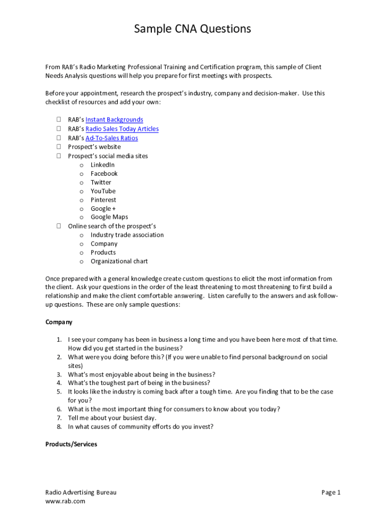 Fillable Online Sample CNA Questions Fax Email Print - pdfFiller
