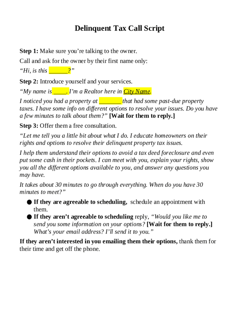 Delinquent Tax Call Script Step 1 Doc Template | pdfFiller