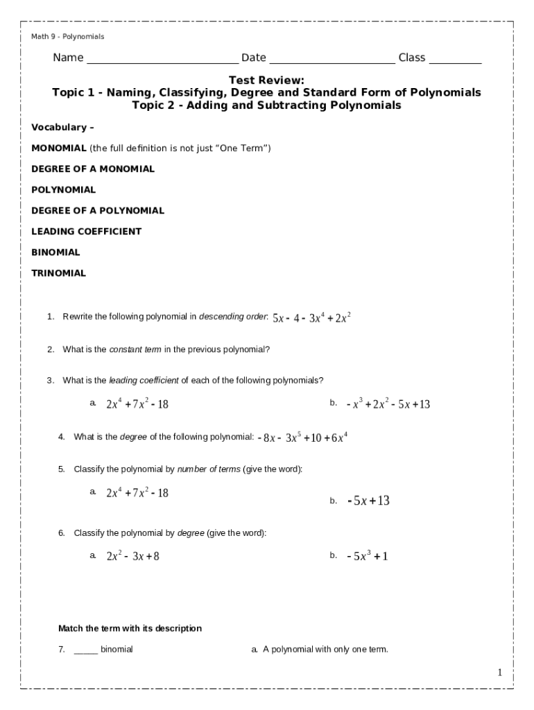 Introduction To Polynomials Assignment Flashcards Doc Template | pdfFiller