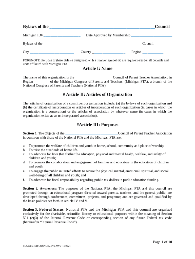2021 MI PTA Suggested PTSA Unit Bylaws Template Doc Template | pdfFiller