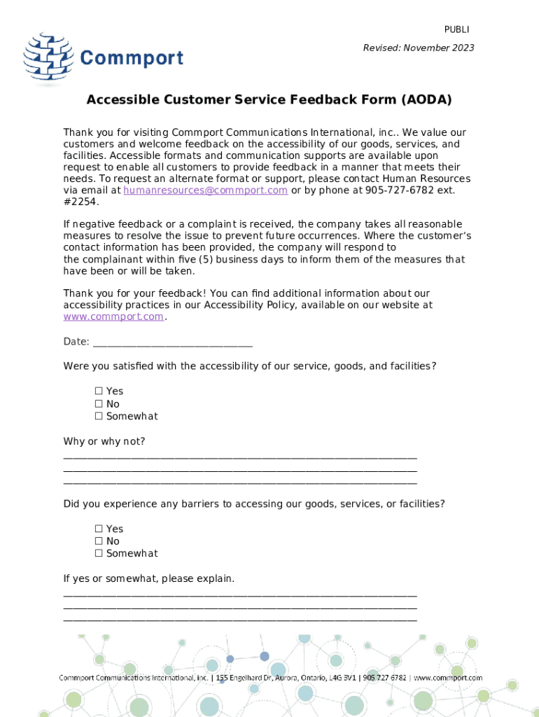Accessible Customer Service Feedback (AODA) Doc Template | pdfFiller