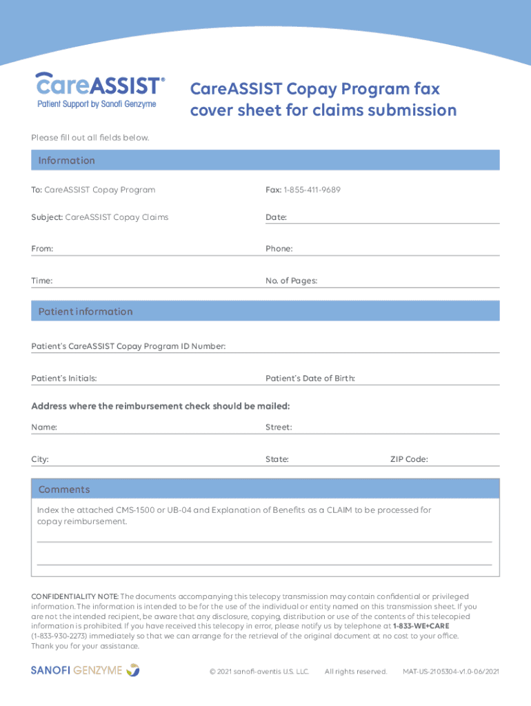 Fillable Online CareASSIST Copay Program fax cover sheet for claims ...