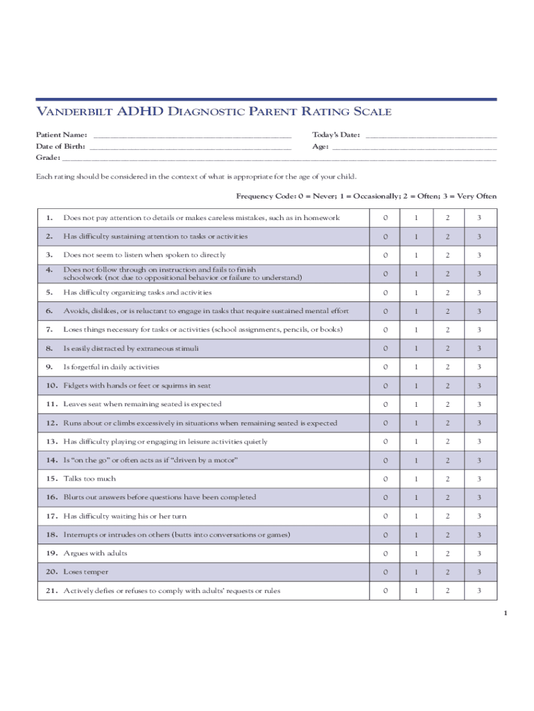 Fillable Online Vanderbilt Adhd Diagnostic Parent Fax Email Print ...