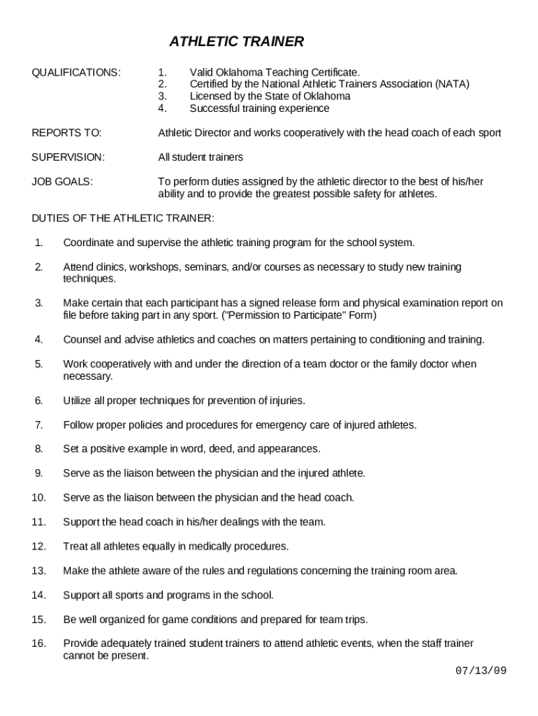 Athletic Training Student AideOklahoma.gov Doc Template | pdfFiller