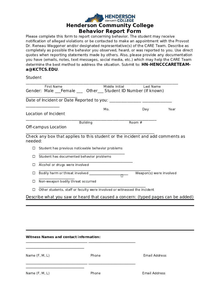 BEHAVIOR REPORT HCC - henderson kctcs Doc Template | pdfFiller
