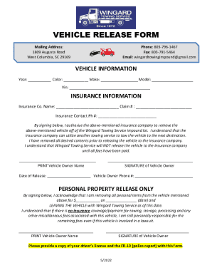 Fillable Online Vehicle Owner Release Form - Eastwood Towing, Inc. Fax ...