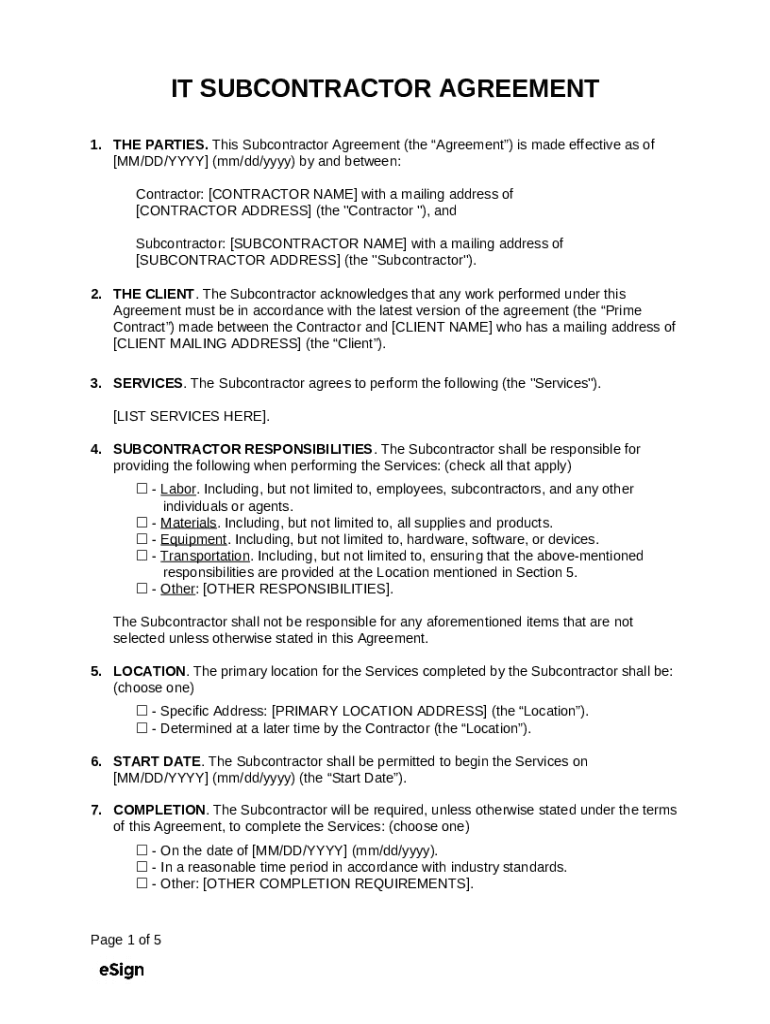 Free Ination Technology (IT) Subcontractor Agreement ... Doc Template | pdfFiller