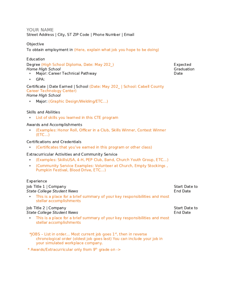 Basic CTE Student Resume Template.docx Doc Template | pdfFiller