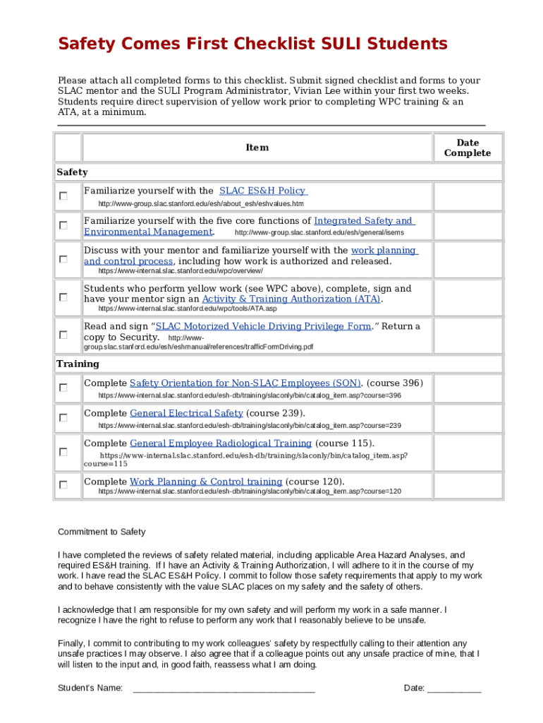 Safety Comes First Checklist - www2 slac stanford Doc Template | pdfFiller