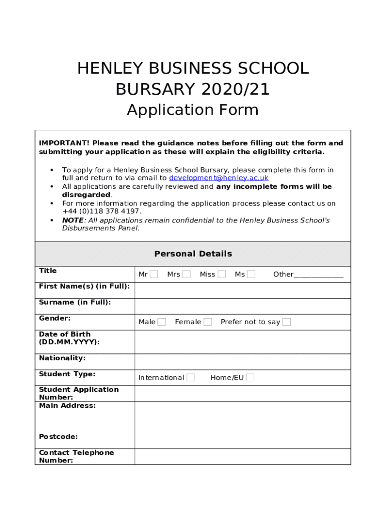 Henley-Business-School-Bursary-Application-. ... Doc Template | pdfFiller