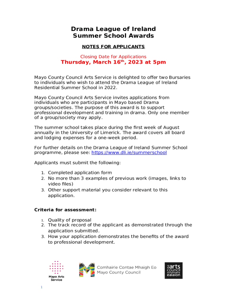 Drama League of Ireland Summer School Award Doc Template | pdfFiller