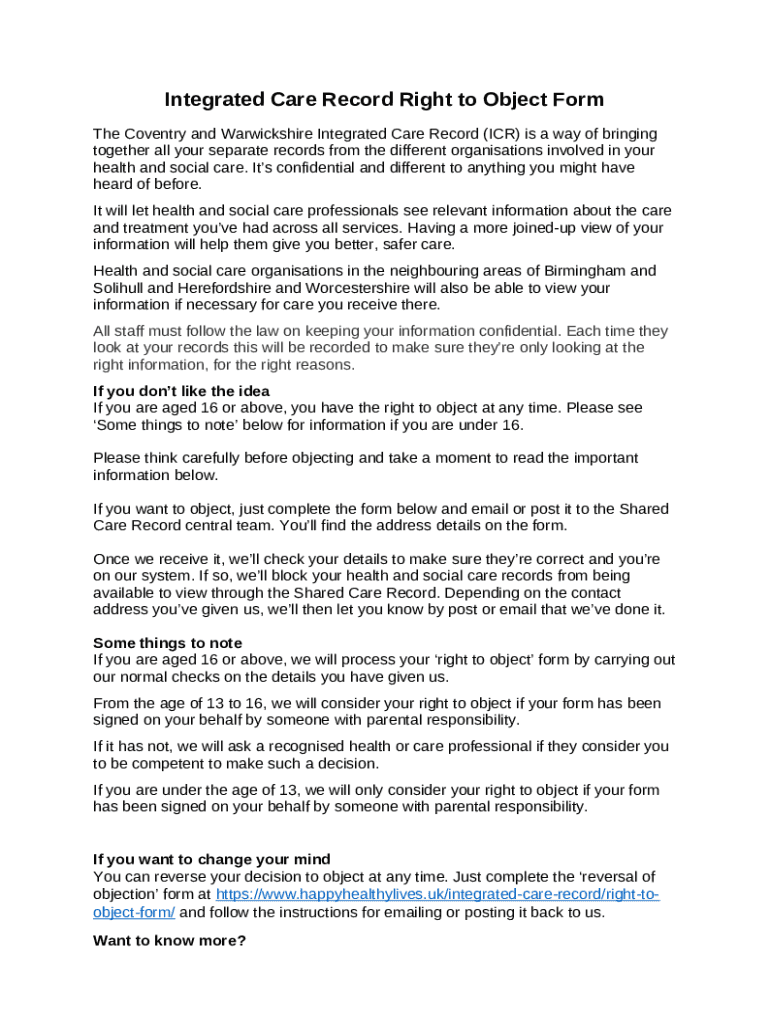 Integrated Care Record Right to Object Doc Template | pdfFiller