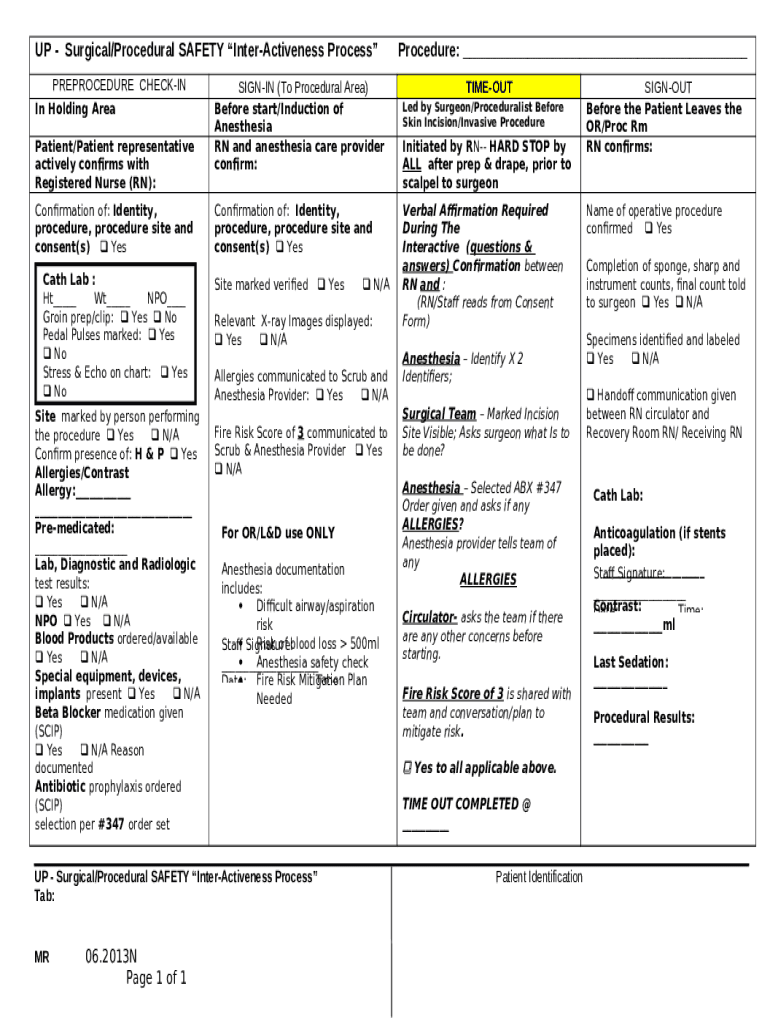 Preprocedure Check-In Sign-In Time-Out Sign-OutPDF Doc Template | pdfFiller