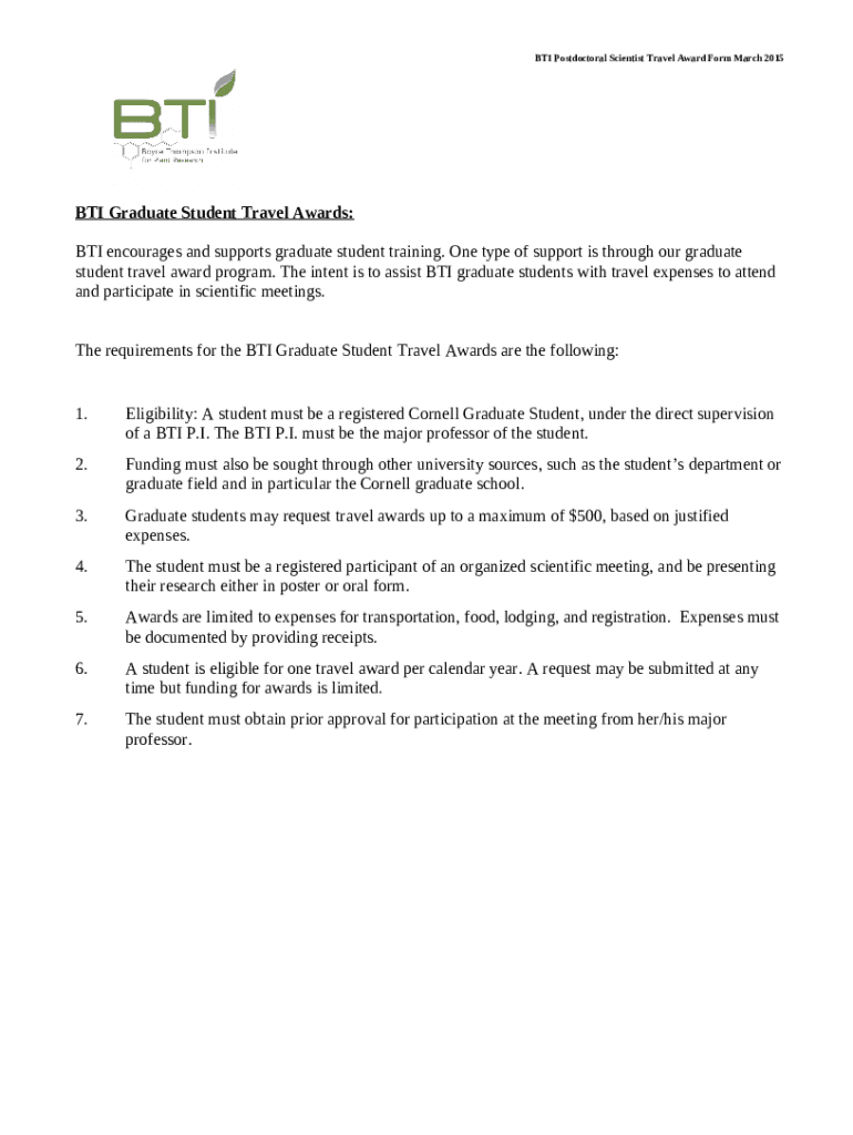 BTI Graduate Student Travel Award Doc Template | pdfFiller