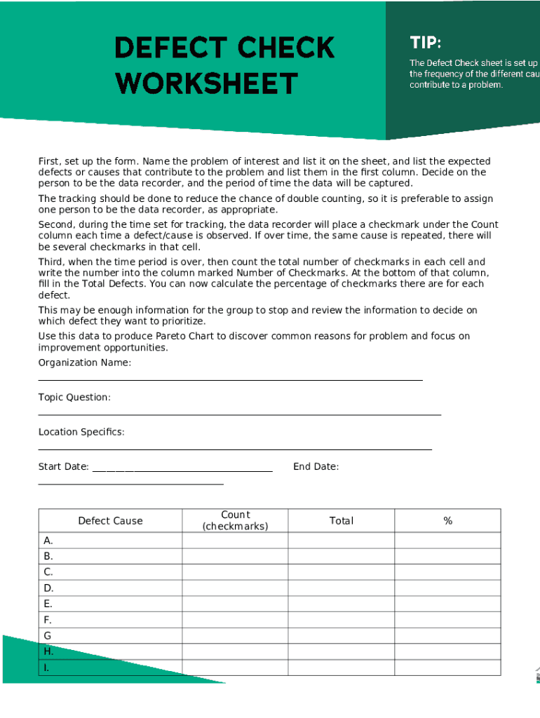Defect Check Worksheet Doc Template | pdfFiller