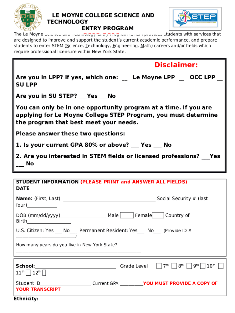 Science and Technology Entry Program Application Doc Template | pdfFiller