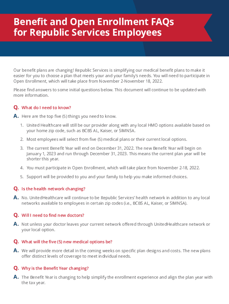 Fillable Online Benefit and Open Enrollment FAQs for Republic Services ...