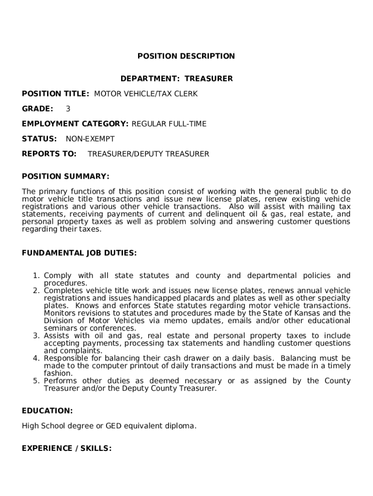 Motor vehicle tax clerk - TREASURER POSITION Doc Template | pdfFiller