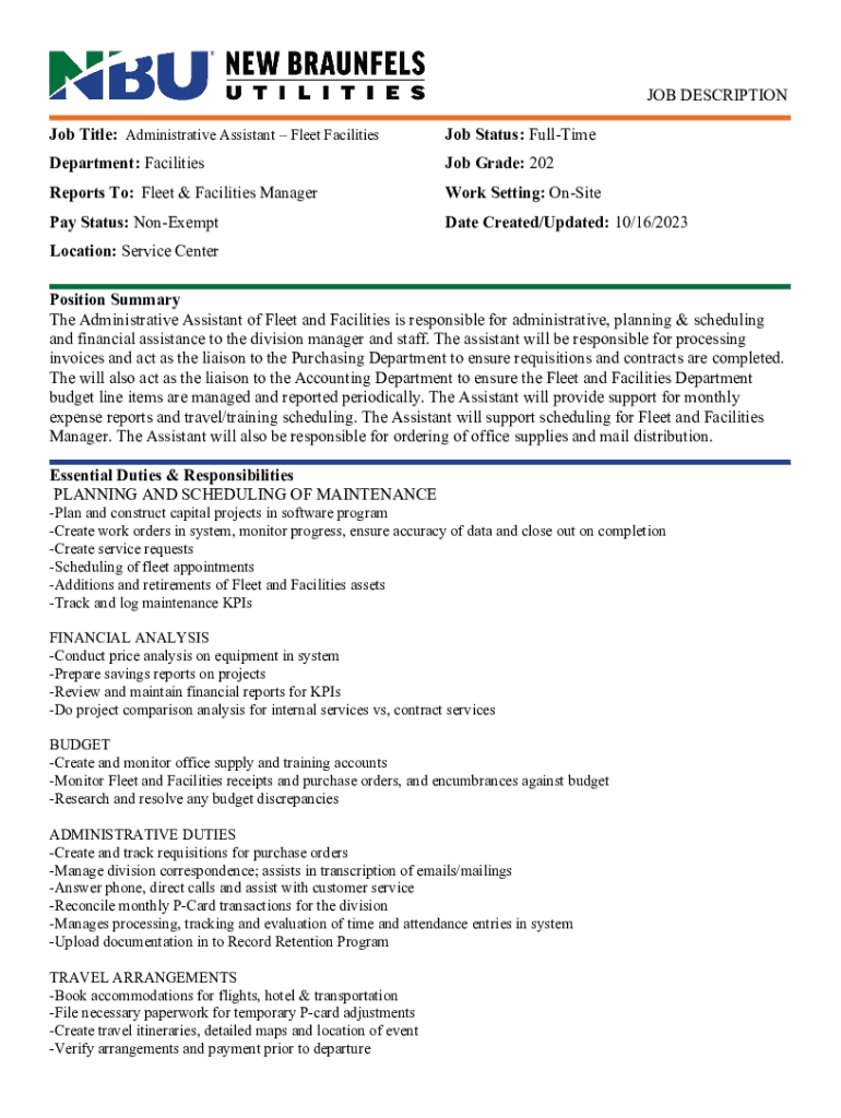 Fillable Online Administrative Assistant - Fleet and Facilities Fax ...