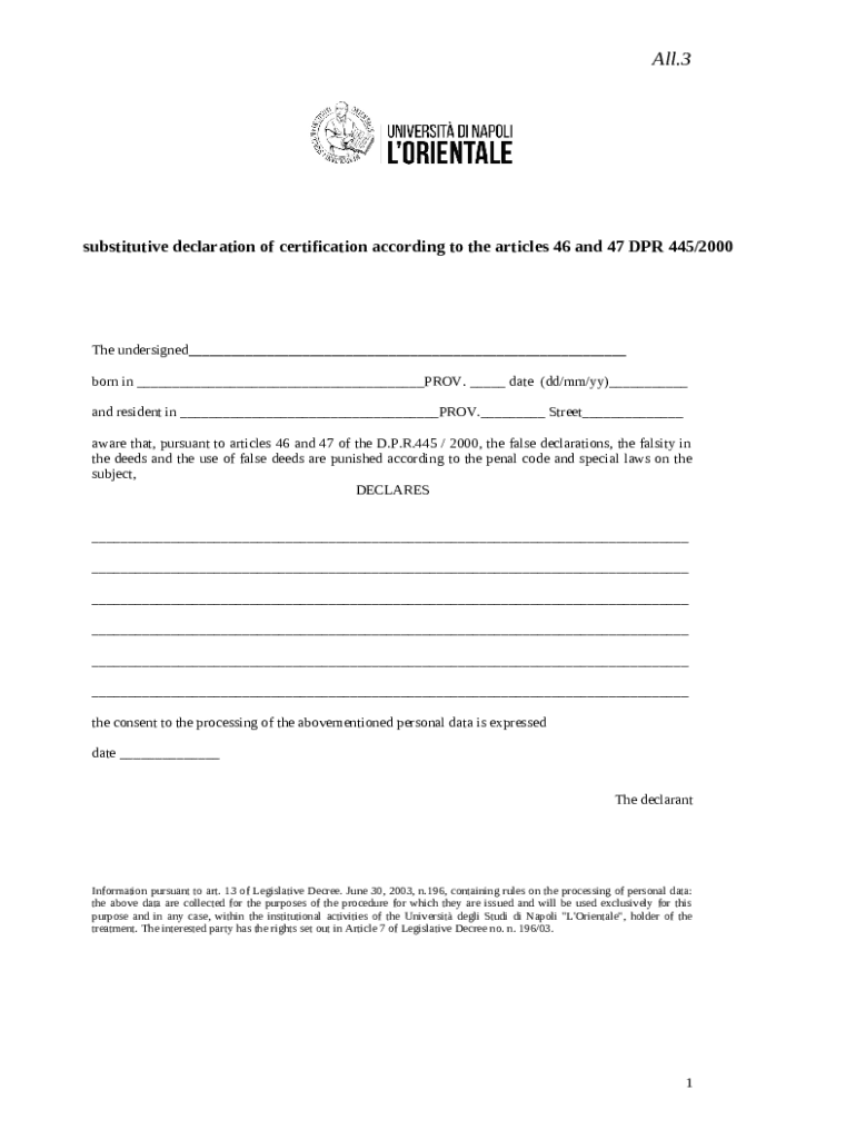 declaration made pursuant to articles 46 and 47 dpr n.445 ... Doc ...