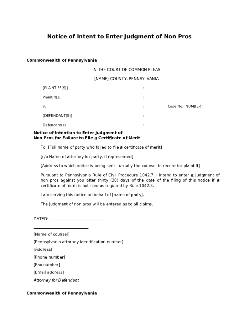 Notice of Intent to Enter Judgment of Non Pros Doc Template | pdfFiller