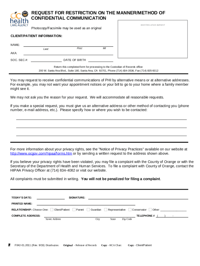 Restriction of Use & Disclosure Request Doc Template | pdfFiller