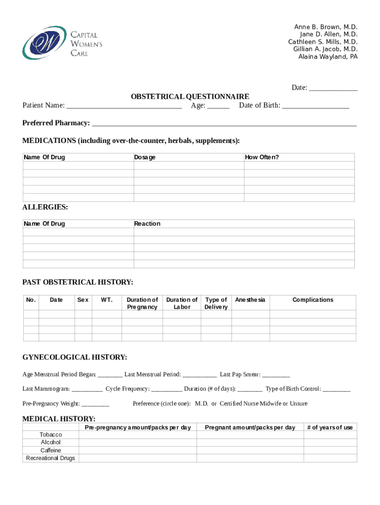 Obsterical-Questionnaire-Updated- ... Doc Template | pdfFiller