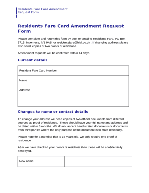 Residents Fare Card Amendment Request Doc Template | pdfFiller