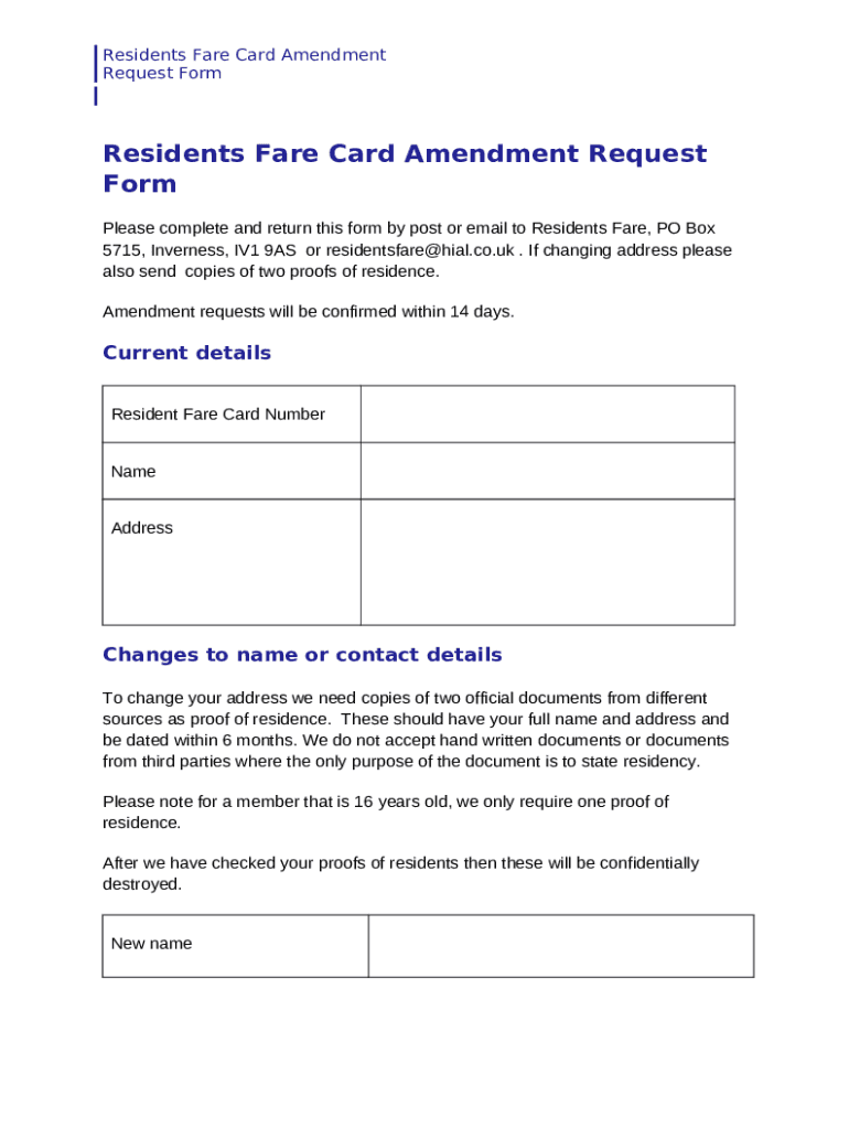 Residents Fare Card Amendment Request Doc Template | pdfFiller
