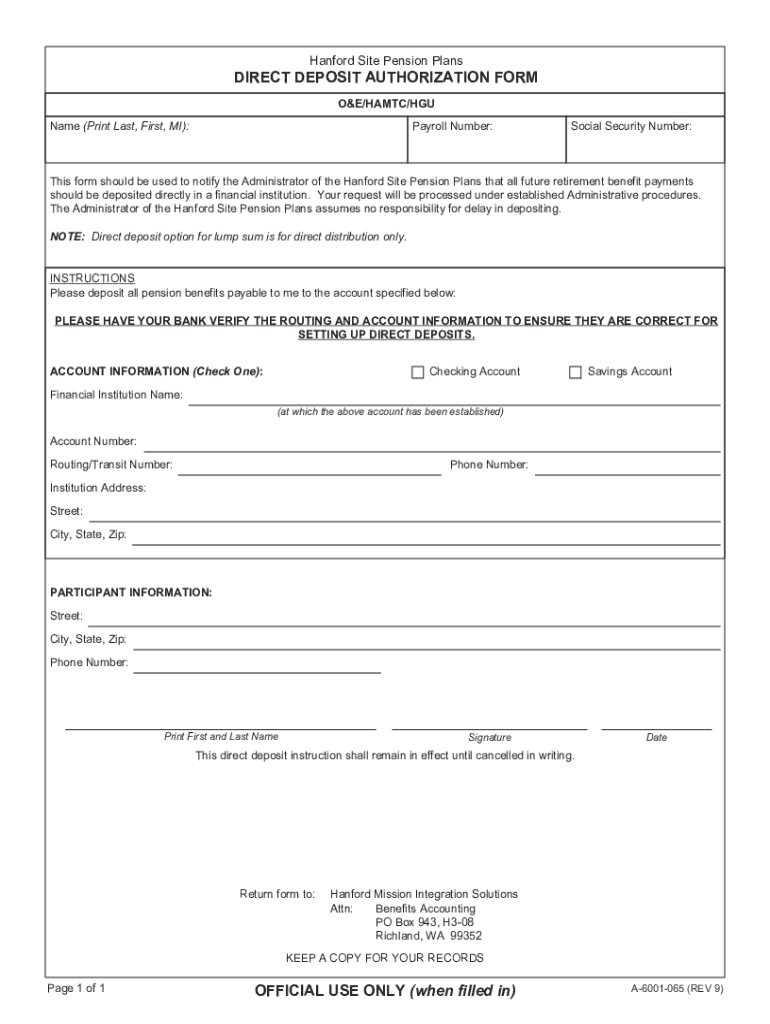 Fillable Online A-6001-065 REV 9. Hanford Site Pension Plans - Direct ...