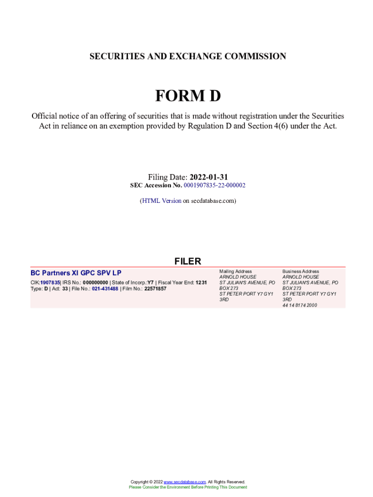 Fillable Online BC Partners XI GPC SPV LP Form D Filed 2022-01-31 ...
