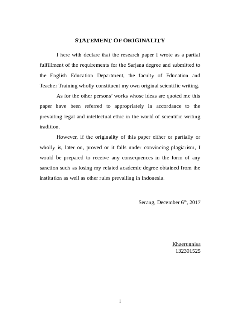 STATEMENT OF ORIGINALITY I here ... Doc Template | pdfFiller