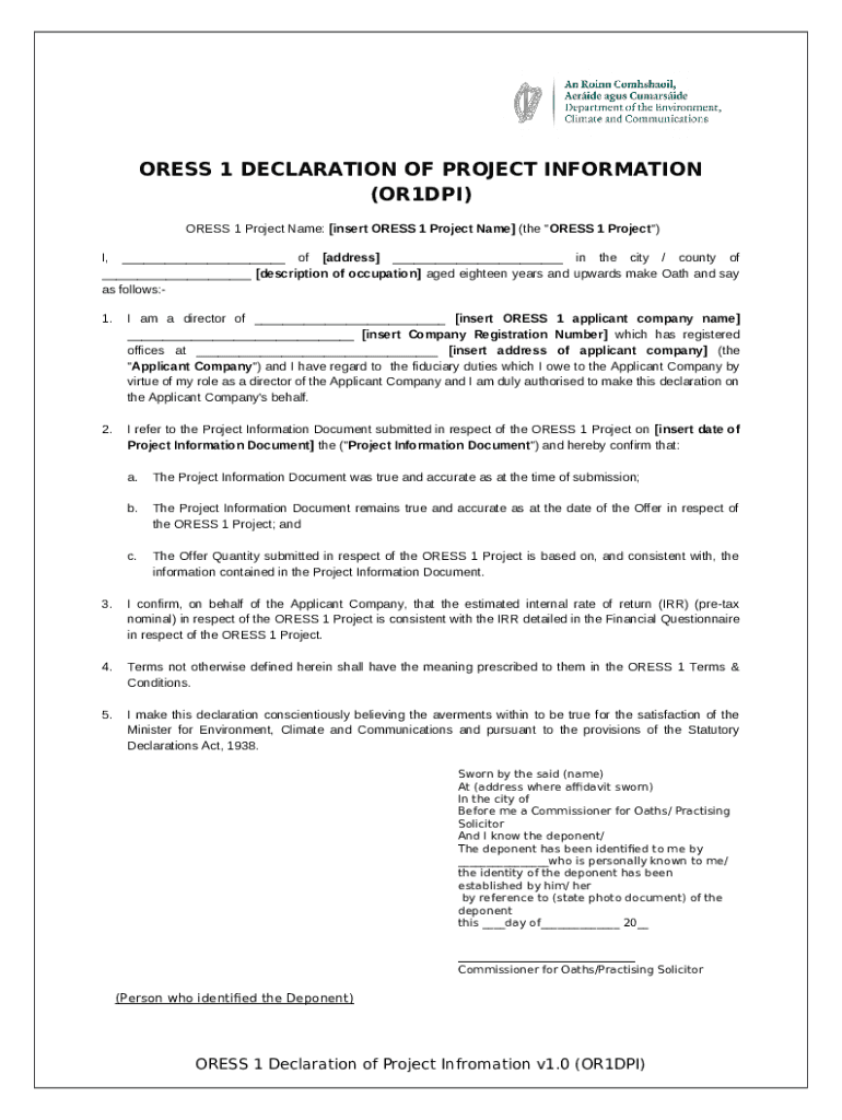 ORESS 1 Declaration of Project Ination (OR1DPI) Doc Template | pdfFiller