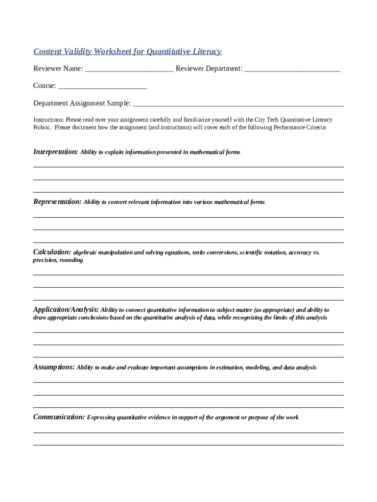Content Validity Worksheet Quantitative Literacy Doc Template | pdfFiller