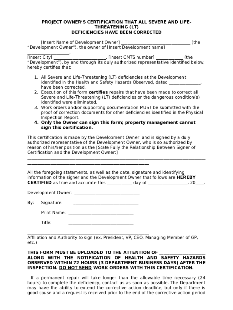 PROJECT OWNERS CERTIFICATION THAT ALL EXIGENT HEALTH Doc Template ...